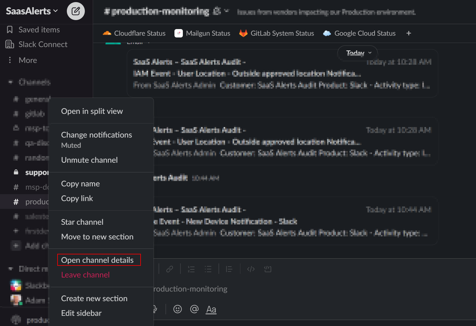 Receiving alert events from SaaS Alerts in Slack
